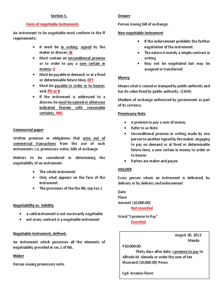 Form of Negotiable Instruments: Section 1. Drawer | PDF | Negotiable ...