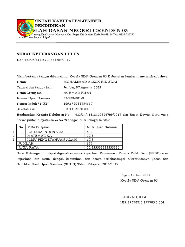 Surat Keterangan Lulus SD 2025 | PDF
