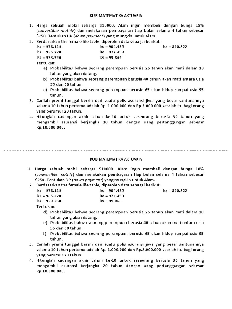 Kuis Matematika Aktuaria | PDF
