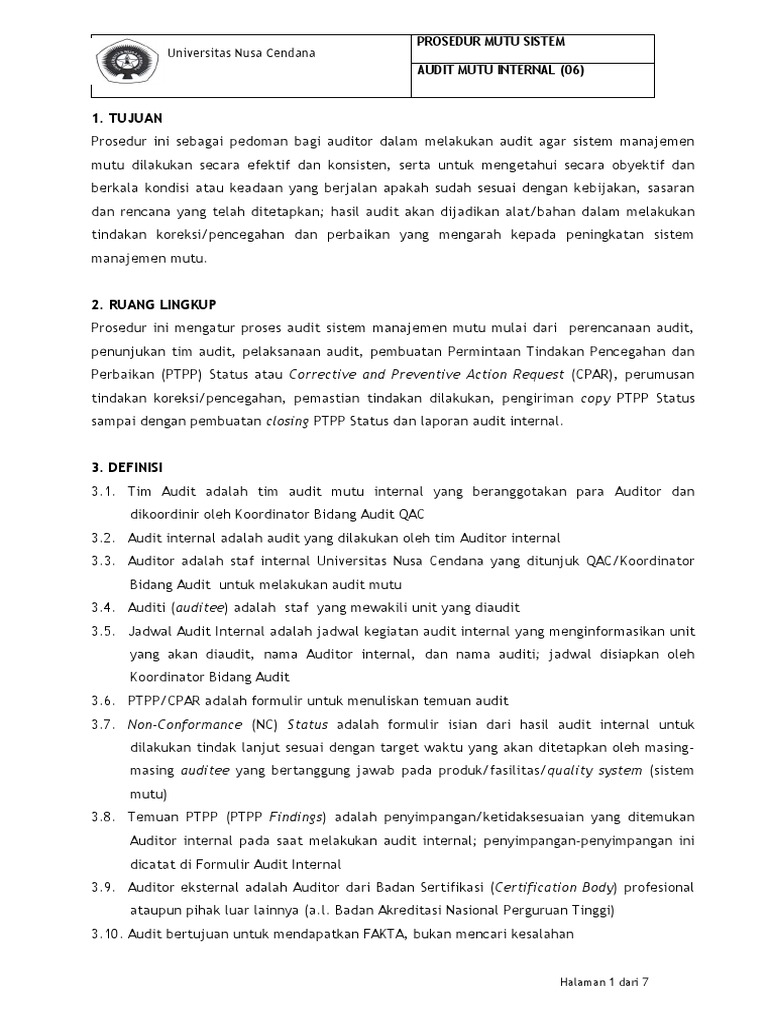 14 Prosedur Mutu Sistem Audit Internal PDF | PDF