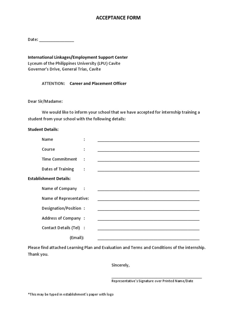 International Linkages/Employment Support Center: Acceptance Form | PDF