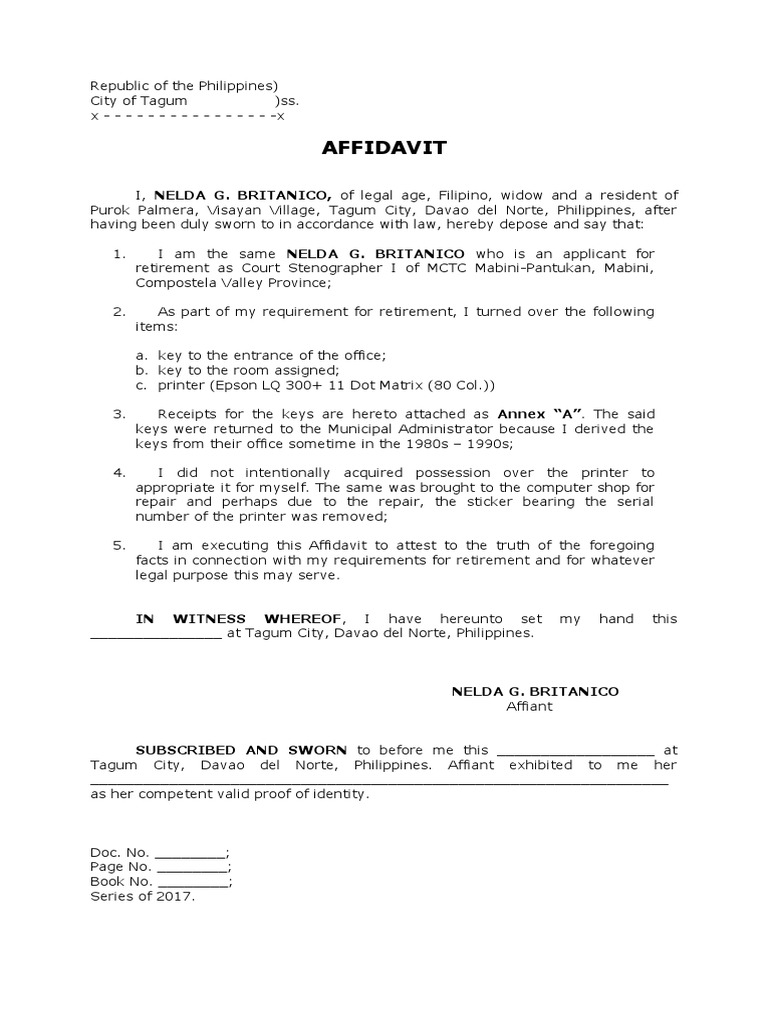 Affidavit: IN WITNESS WHEREOF, I Have Hereunto Set My Hand This | PDF | Law