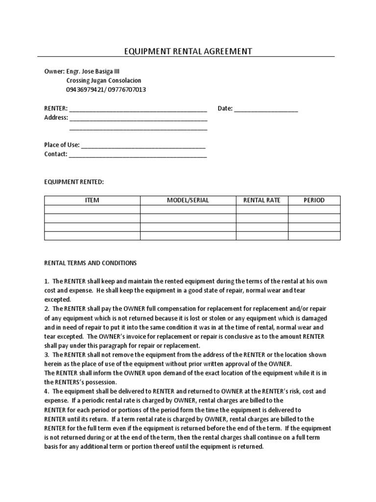 Equipment Rental Agreement | Renting | Indemnity | Free 30-day Trial ...