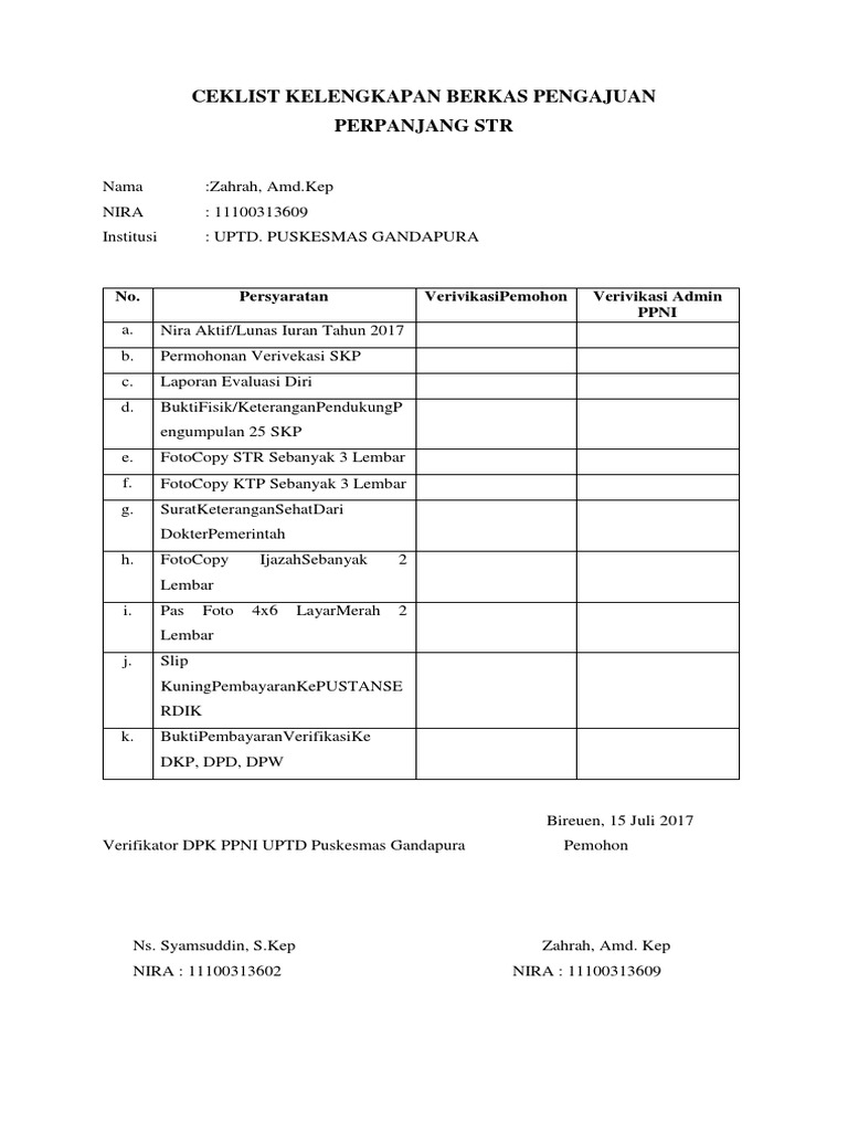 Ceklist Kelengkapan Berkas Pengajuan | PDF