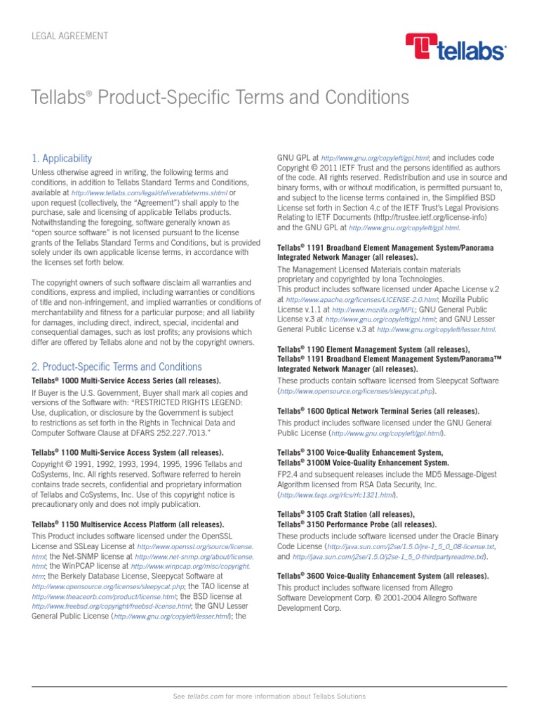 Tellabs Product Specific Terms PDF | PDF | Gnu | Source Code