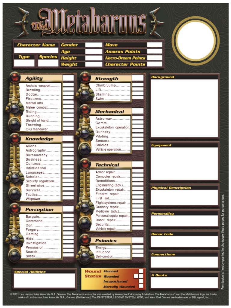 Metabarons Character Sheet | PDF | Armed Conflict | Leisure