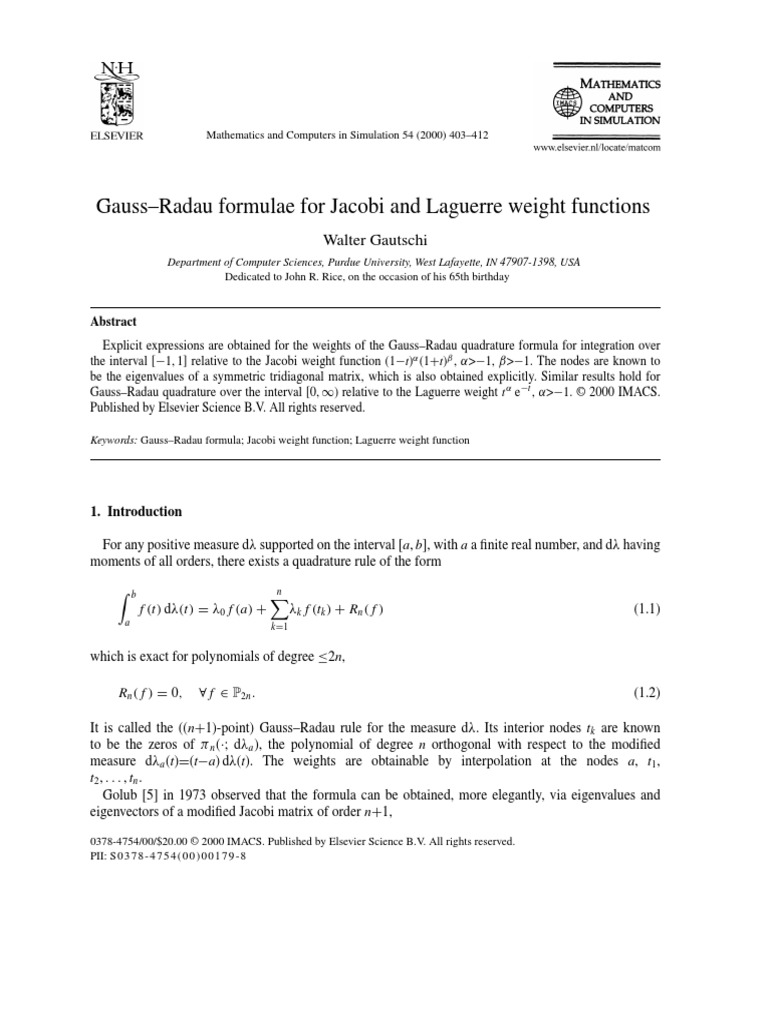 Gauss-Radau Formulae For Jacobi and Laguerre Weight Functions | PDF | Eigenvalues And ...