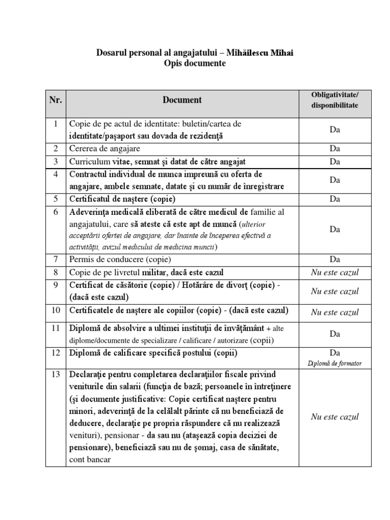 OPIS Dosar Personal Angajat | PDF