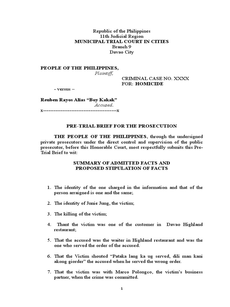 Pre-Trial Brief PracCourt - Homicide | Prosecutor | Criminal Procedure