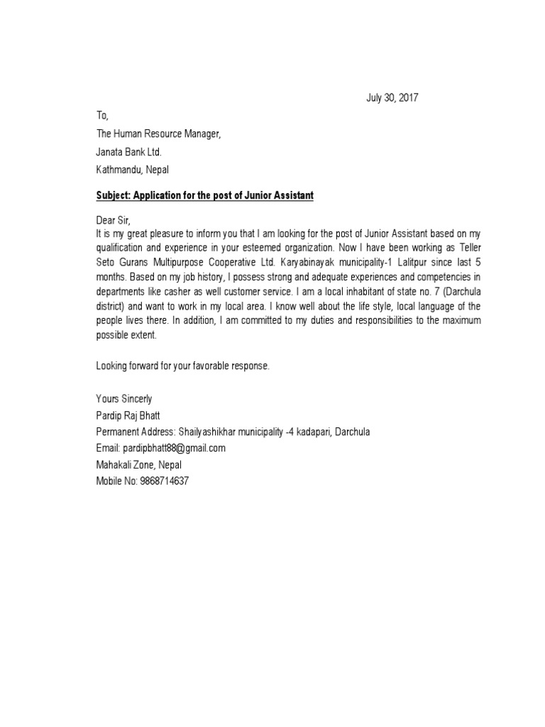 Subject: Application For The Post of Junior Assistant | PDF