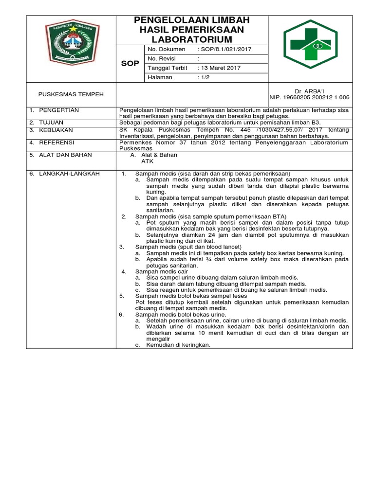 Sop Pengelolaan Limbah Hasil Pemeriksaan Laboratorium