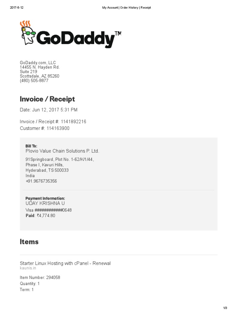 GoDaddy Invoice for Hosting & Domains | PDF | Finance & Money Management | Law