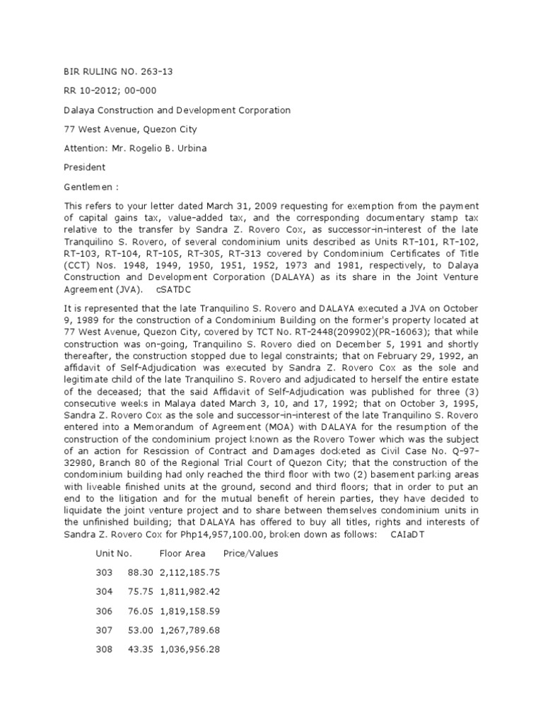 Bir Ruling No 263-13 | PDF | Assignment (Law) | Taxes