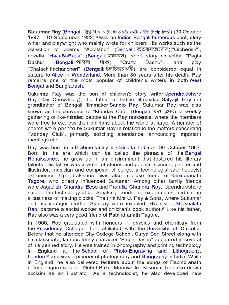 Sukumar Ray Biography | PDF | Bengal | Poetry