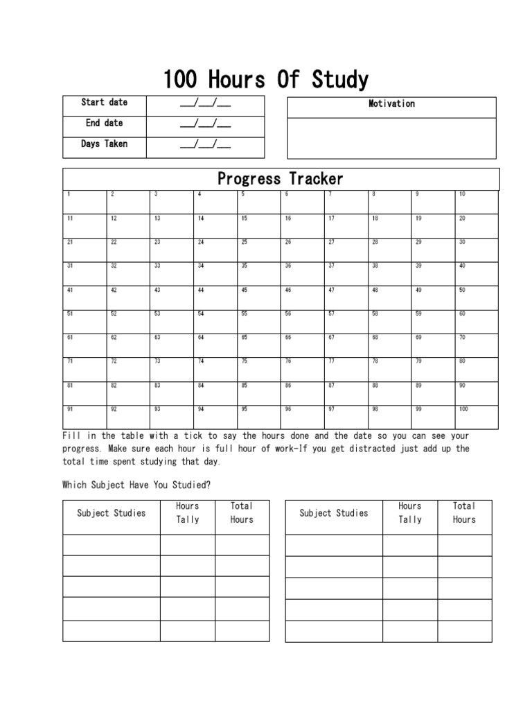 100-Hour Study Progress Tracker | PDF