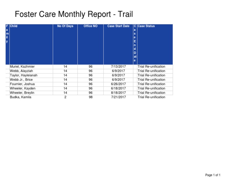 Foster Care Monthly Report - Trail Reunif | PDF
