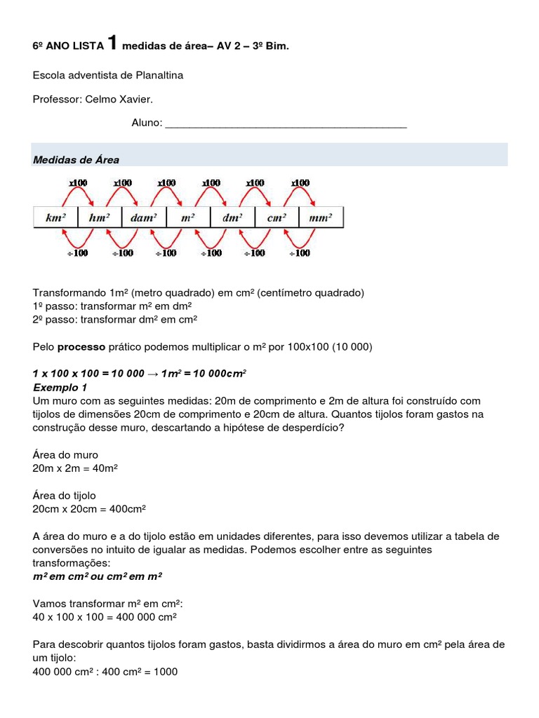 6 Ano Lista 1 Medidas de Area Av2 PDF | PDF | Triângulo | Geometria convexa