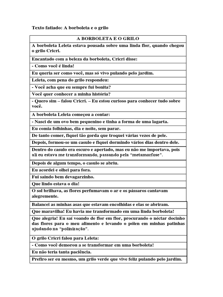 Texto Fatiado A Borboleta e o Grilo | PDF