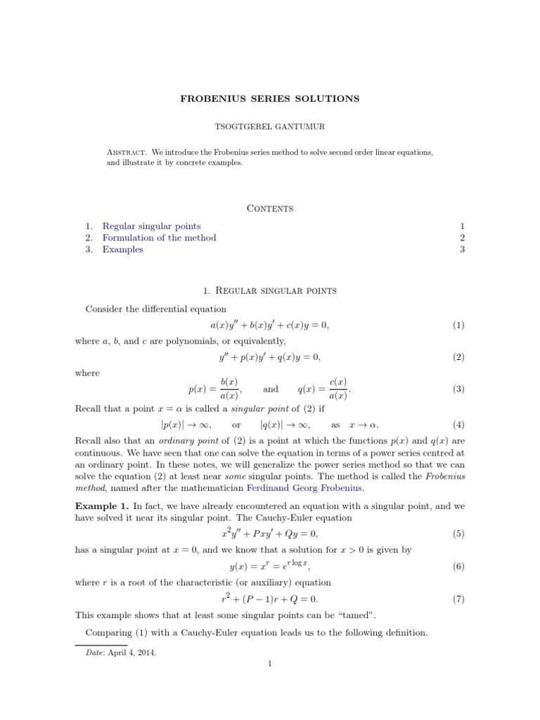 Regular Singular Points 2. Formulation of The Method 3. Examples | PDF | Summation | Equations