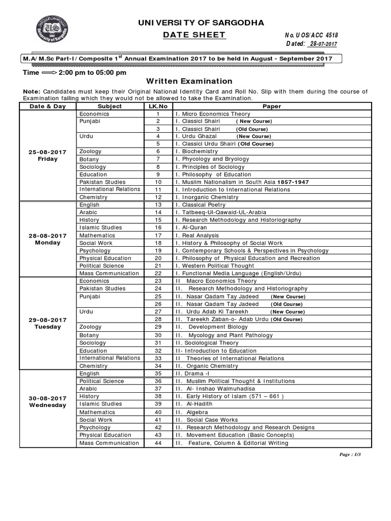 University of Sargodha Date Sheet: Written Examination | PDF ...