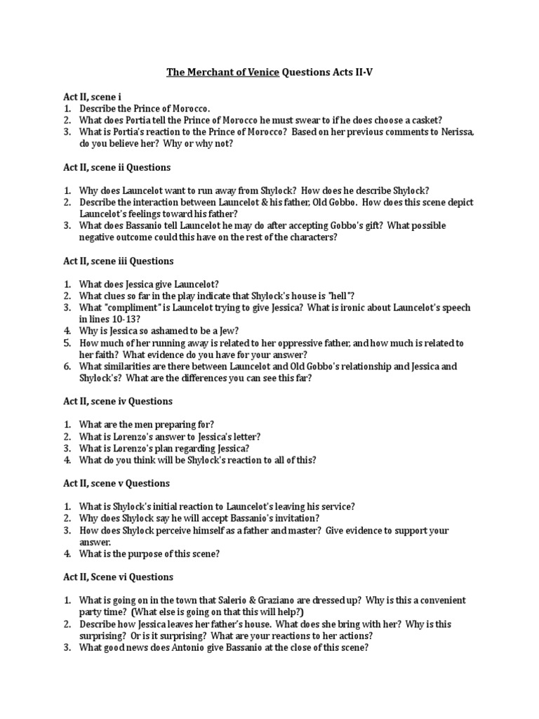 The Merchant of Venice Questions Acts II To V Questions | PDF | The ...