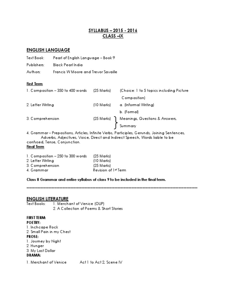 Class 9 English Syllabus 2015-2016 | PDF | English Language | Syntax