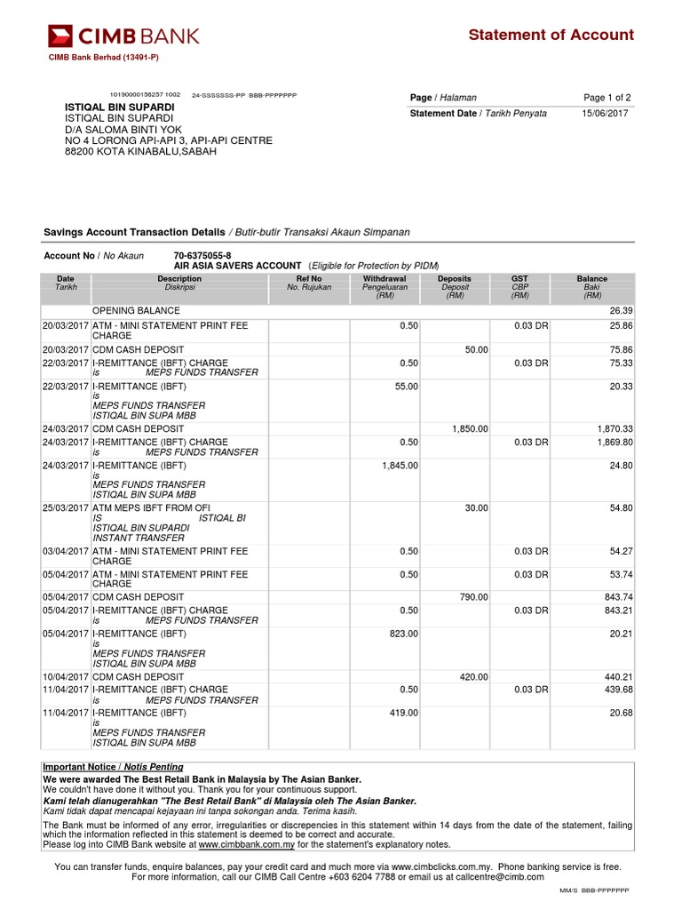 CIMB Bank Account Statement | PDF | Banks | Services (Economics)