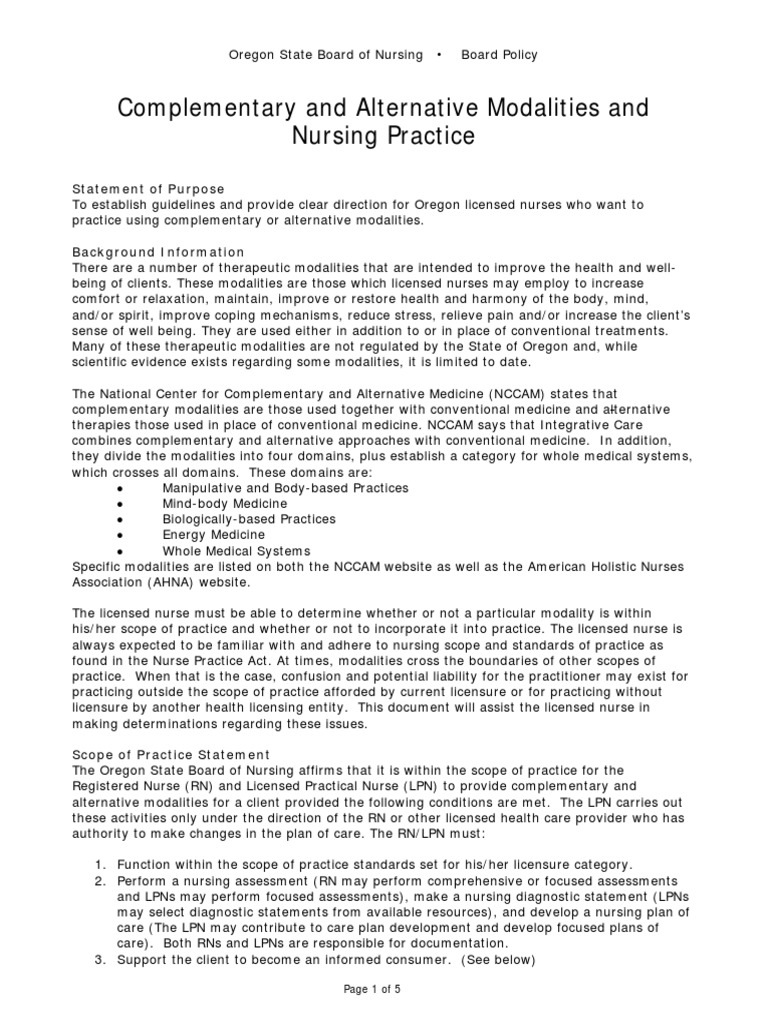 Complementary Alternative Modalities | PDF | Alternative Medicine | Nursing