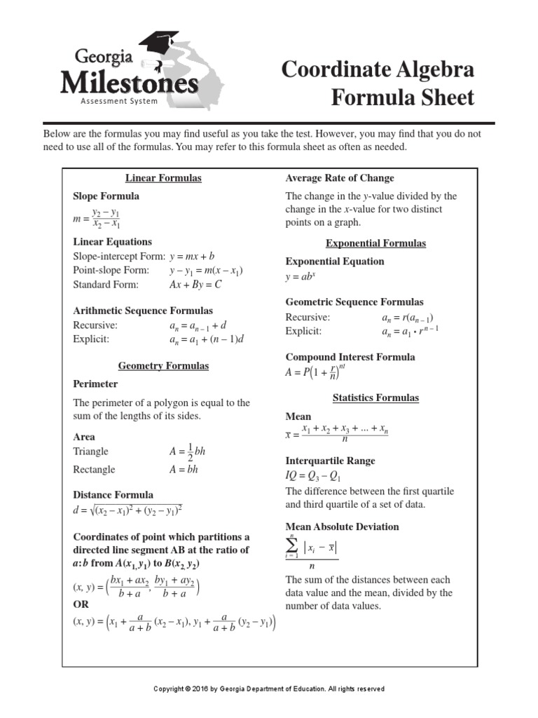 Coordinate Algebra Formulasheet | PDF | Mean | Space