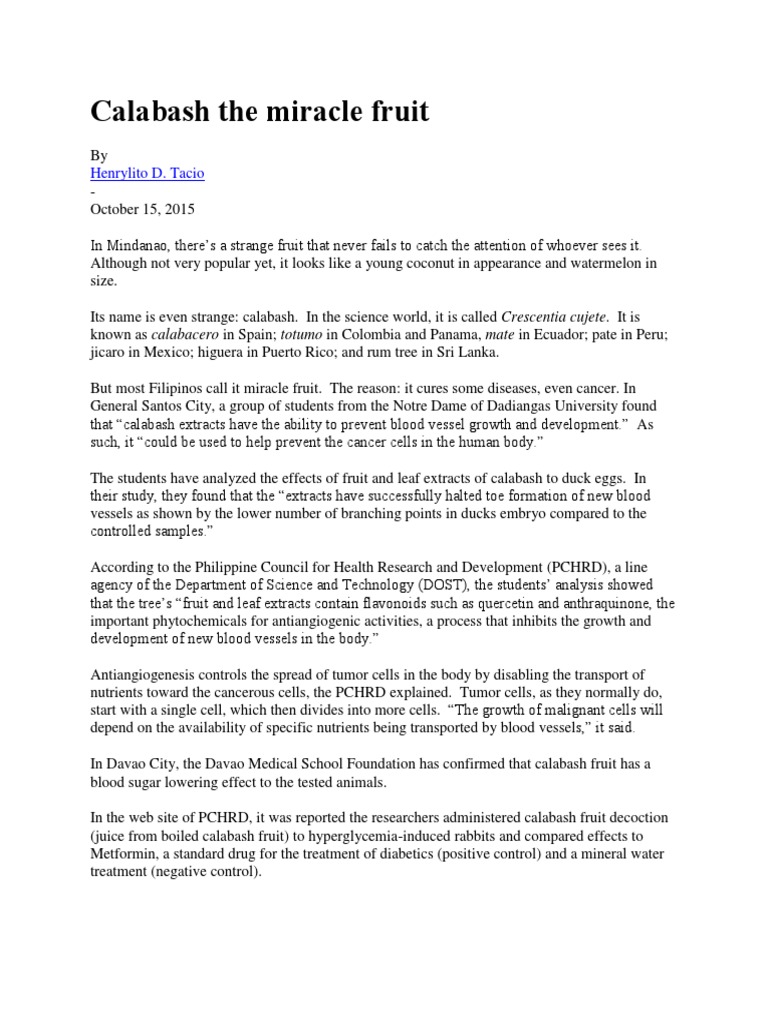 Calabash The Miracle Fruit | PDF | Blood Sugar | Sugar