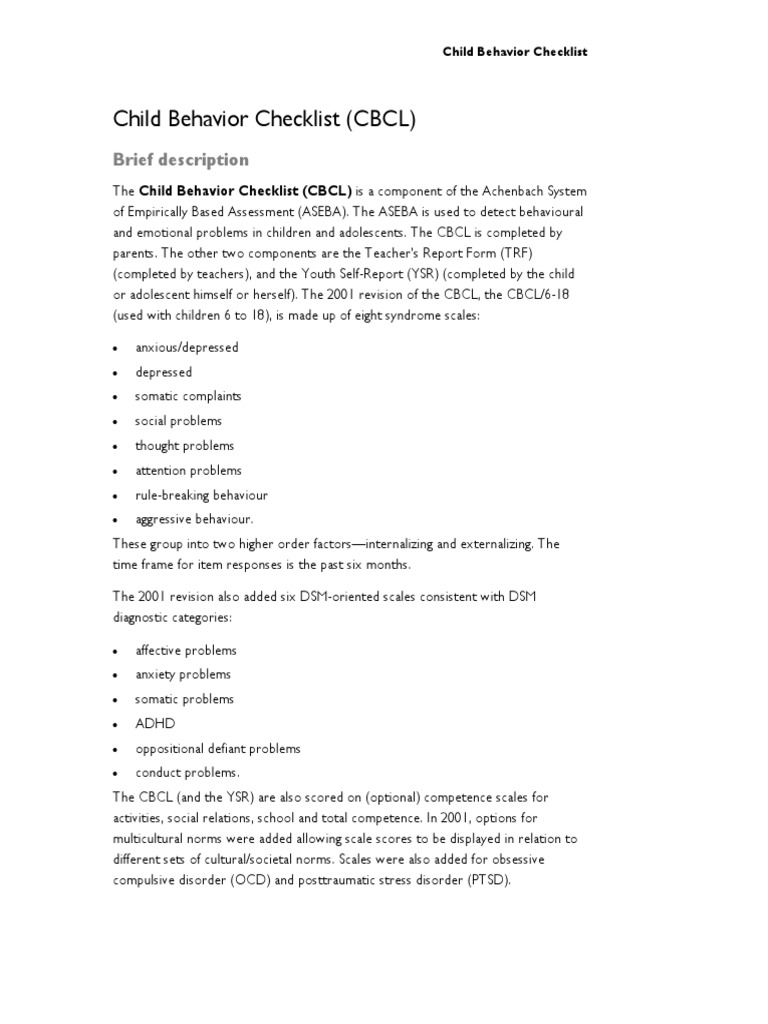 Child Behavior Checklist (CBCL) PDF | PDF | Attention Deficit ...