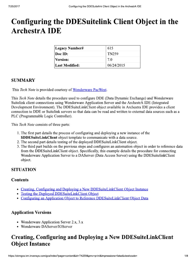 Configuring The DDESuitelink Client Object in The ArchestrA IDE | PDF