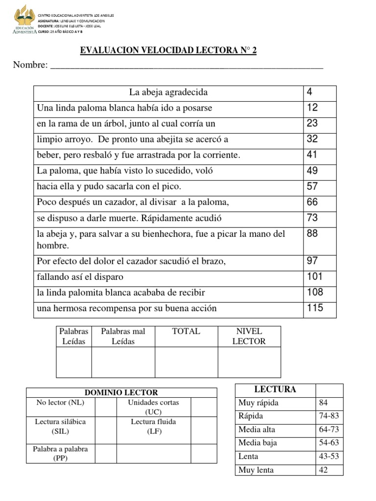 Velocidad Lectora Segundo Basico Pdf