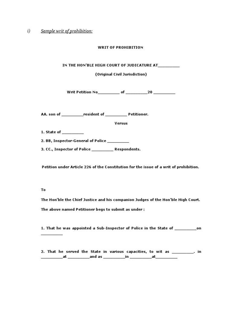 Sample writ of prohibition.docx | Writ | Writ Of Prohibition