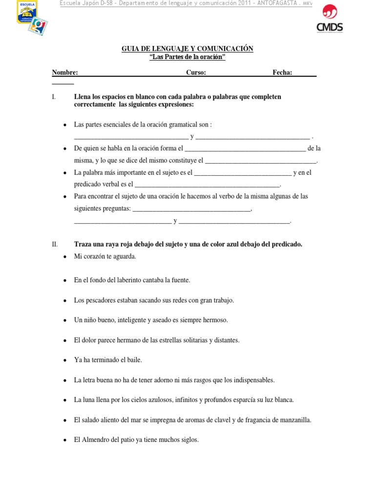Guía de Partes de la Oración | PDF | Asunto (gramática) | Parte del ...