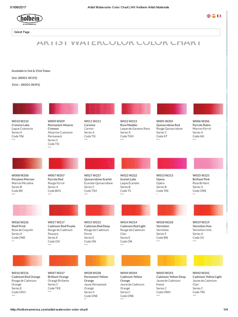 Artist Watercolor Color Chart - HK Holbein Artist Materials | PDF ...