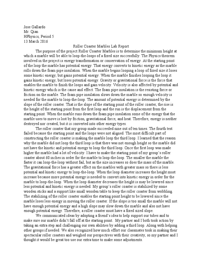 Marble Roller Coaster Energy Analysis | PDF | Potential Energy ...