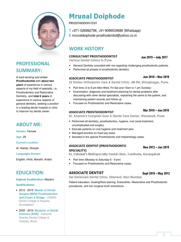 CV - Mrunal Doiphode July 2017 For Dubai | PDF | Prosthodontics | Dentistry
