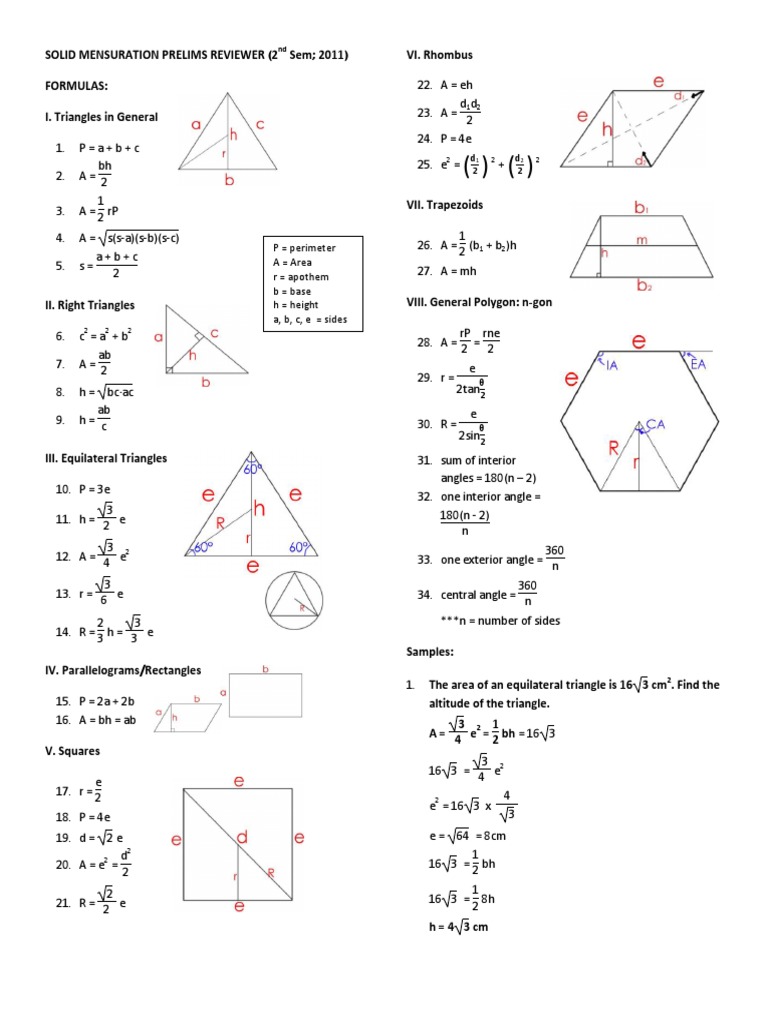 Solid Mensuration Reviewer For Prelims | PDF | Triangle | Area