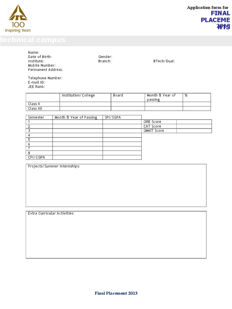 ITC Application Form Final Placements 2013 2 | PDF