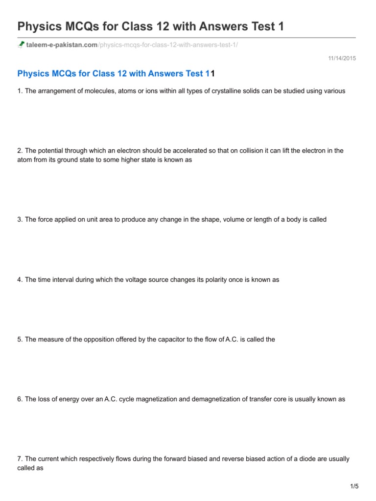 Physics MCQs For Class 12 With Answers Test 1 | PDF | P–N Junction | Atoms