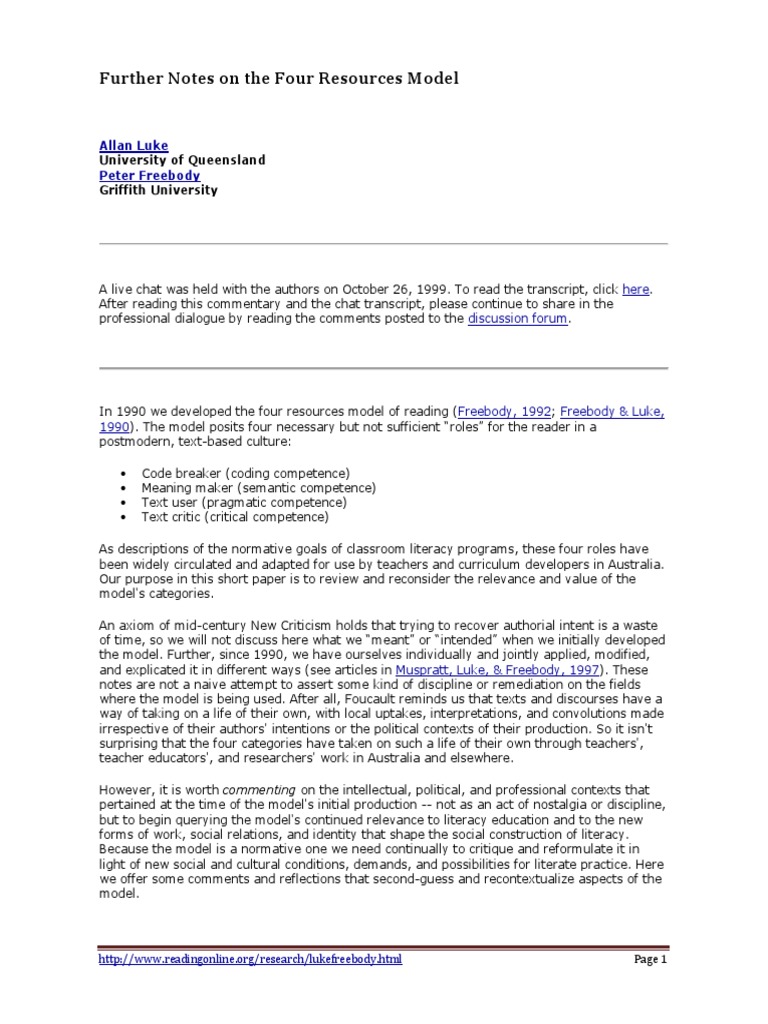 Further Notes on the Four Resources Model | PDF | Literacy | Teachers