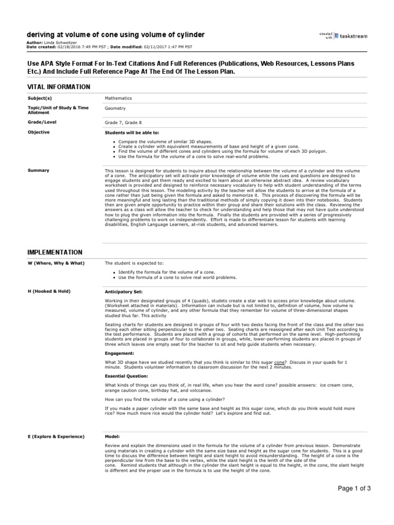 Cone Volume Lesson Plan for Grades 7-8 | PDF | Volume | Lesson Plan