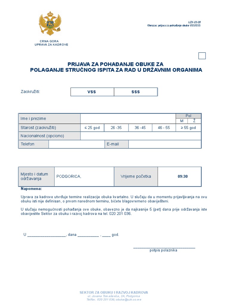 UZK-03-09 Prijava Za Pohadjanje Obuke Za Polaganje Strucnog Ispita VSS ...