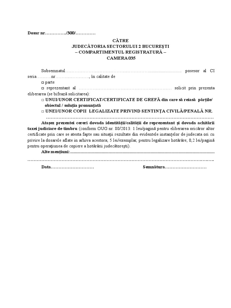 Cerere Eliberare Certificat de Grefă - Copii Legalizare Hotărâri Judecătoreşti - Formular | PDF