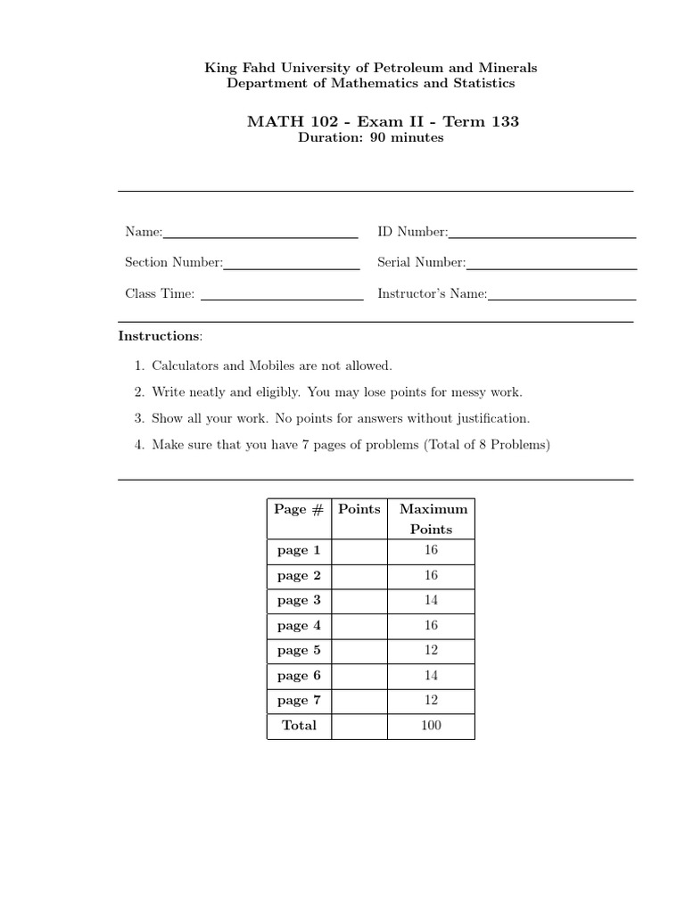 KFUPM MATH 102 Exam II | PDF | Test (Assessment) | Mathematical Concepts