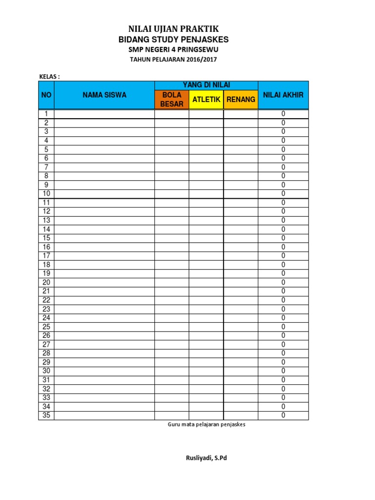 Blangko Penilaian Ujian Praktek Penjaskes | PDF