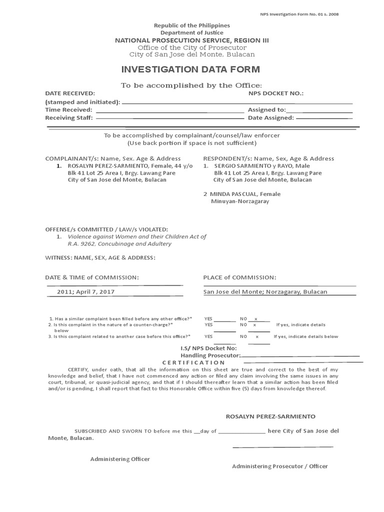 NPS Investigation Form No | Prosecutor | Criminal Law