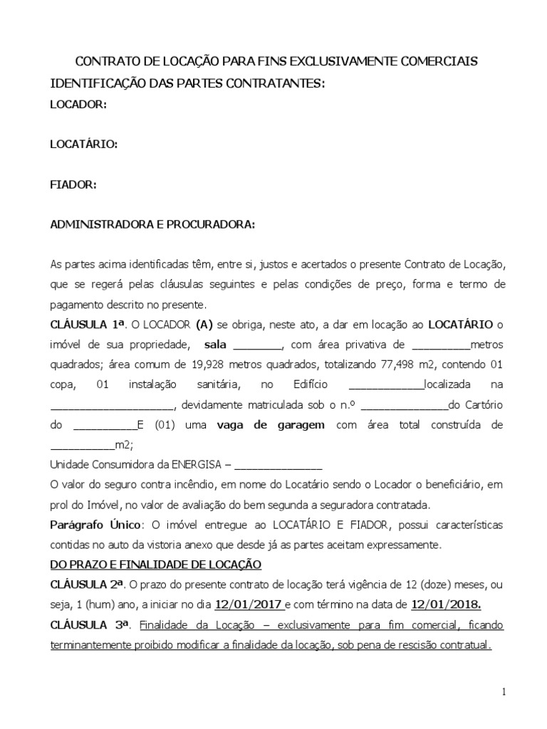 Contrato De Locação Para Fins Comerciais 1 1 Lei Das Obrigações