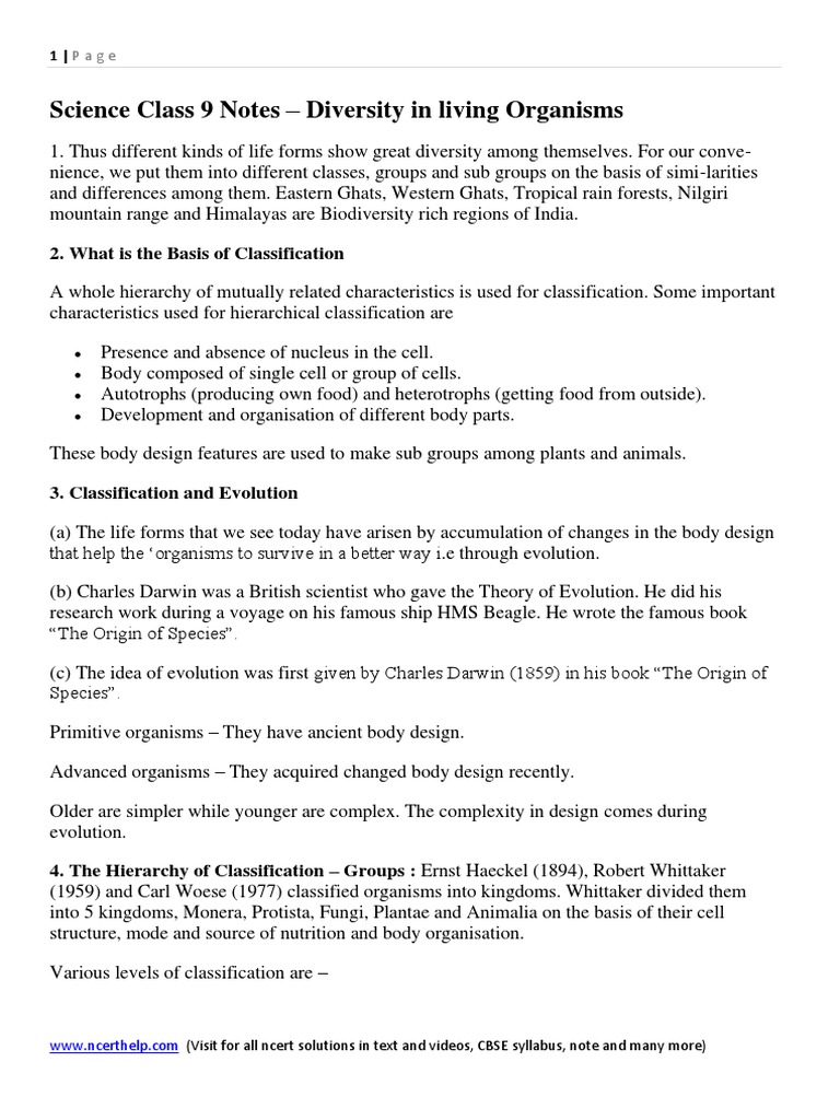 Science Class 9 Notes Diversity in Living Organisms | PDF | Plants ...
